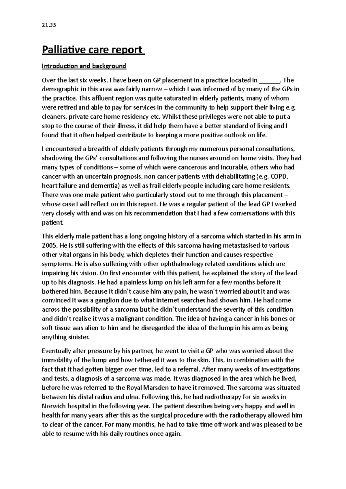 Palliative Care Reflection: Insights from GP Placement Experience - Studocu