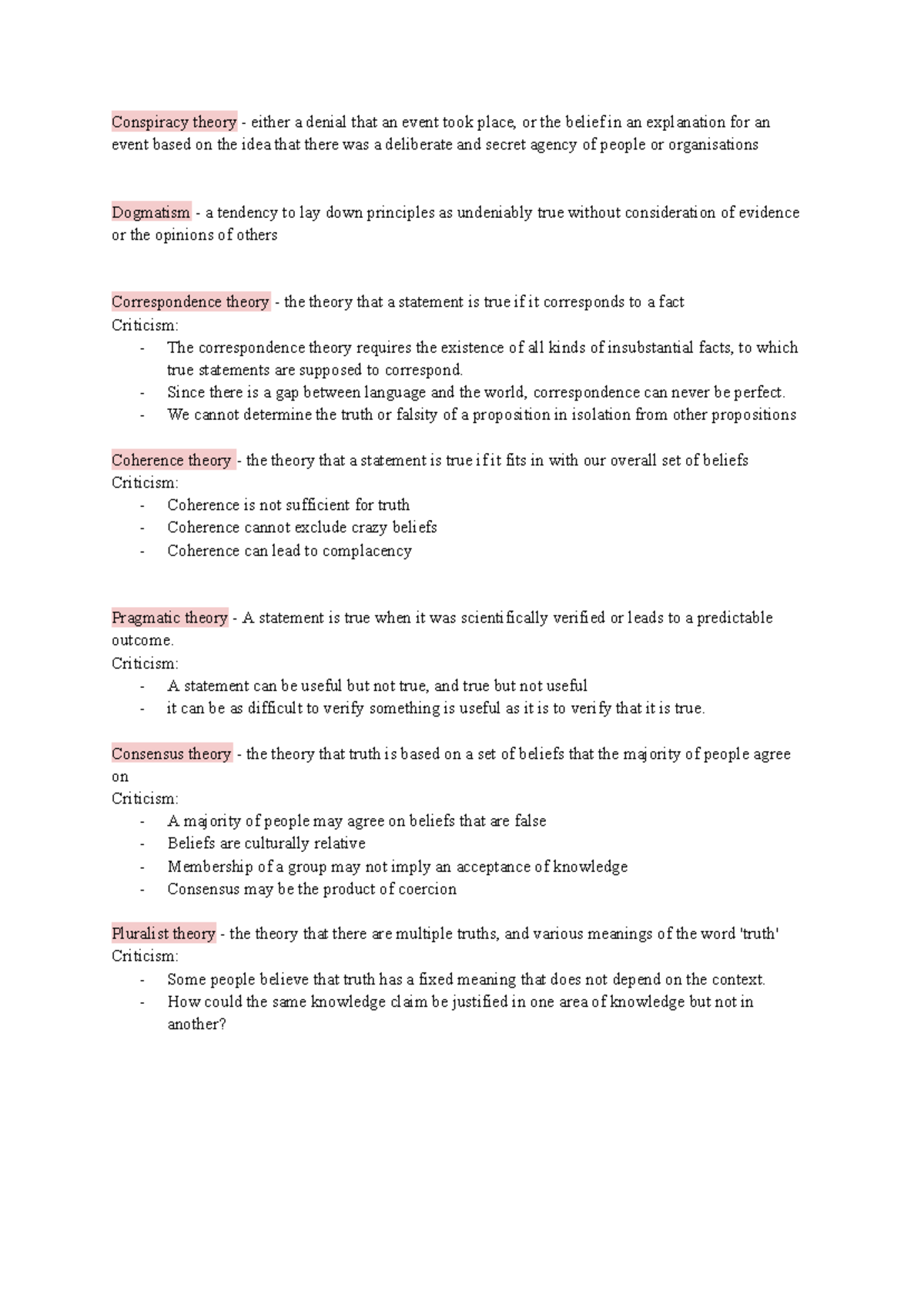 TOK Definitions: Exploring Theories of Truth and Belief Systems - Studocu