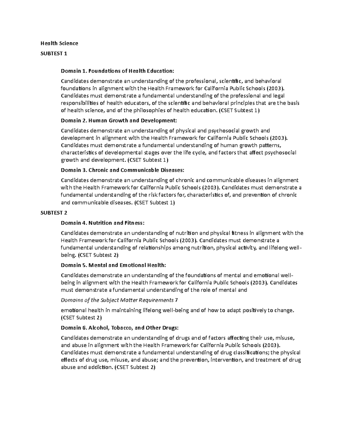 CSET Health Science Subtests 1 & 2: Study Domains Overview - Studocu