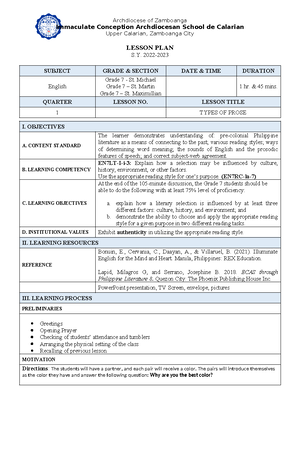 Grade 7 English Lesson Plan: Understanding Creation Myths - Studocu