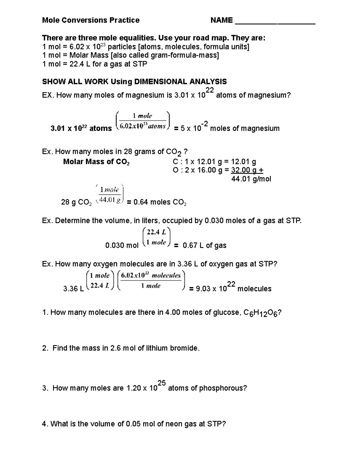 Mole Conversions Worksheet: Dimensional Analysis Practice - Studocu