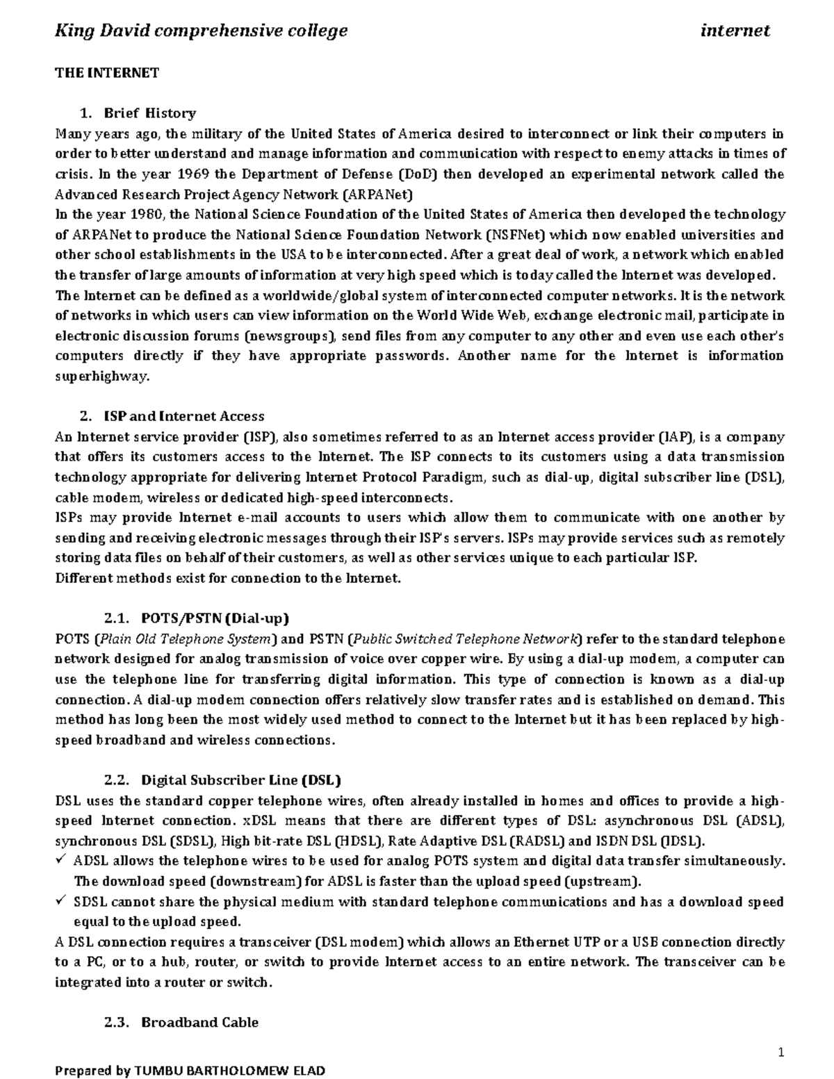 King David Comprehensive College Internet Overview and Access Methods ...