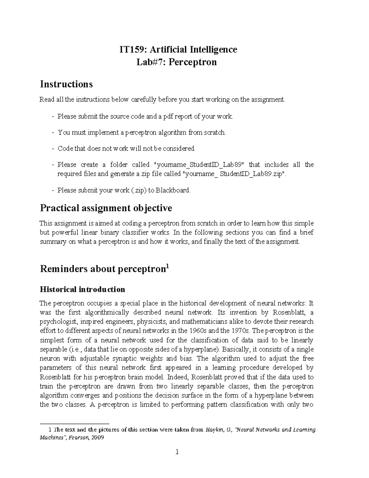IT159: Perceptron Implementation Assignment Instructions - Studocu