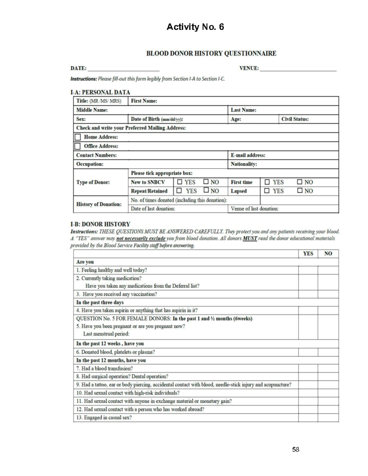 Blood Donor History Questionnaire - Activity No. 6 - Studocu