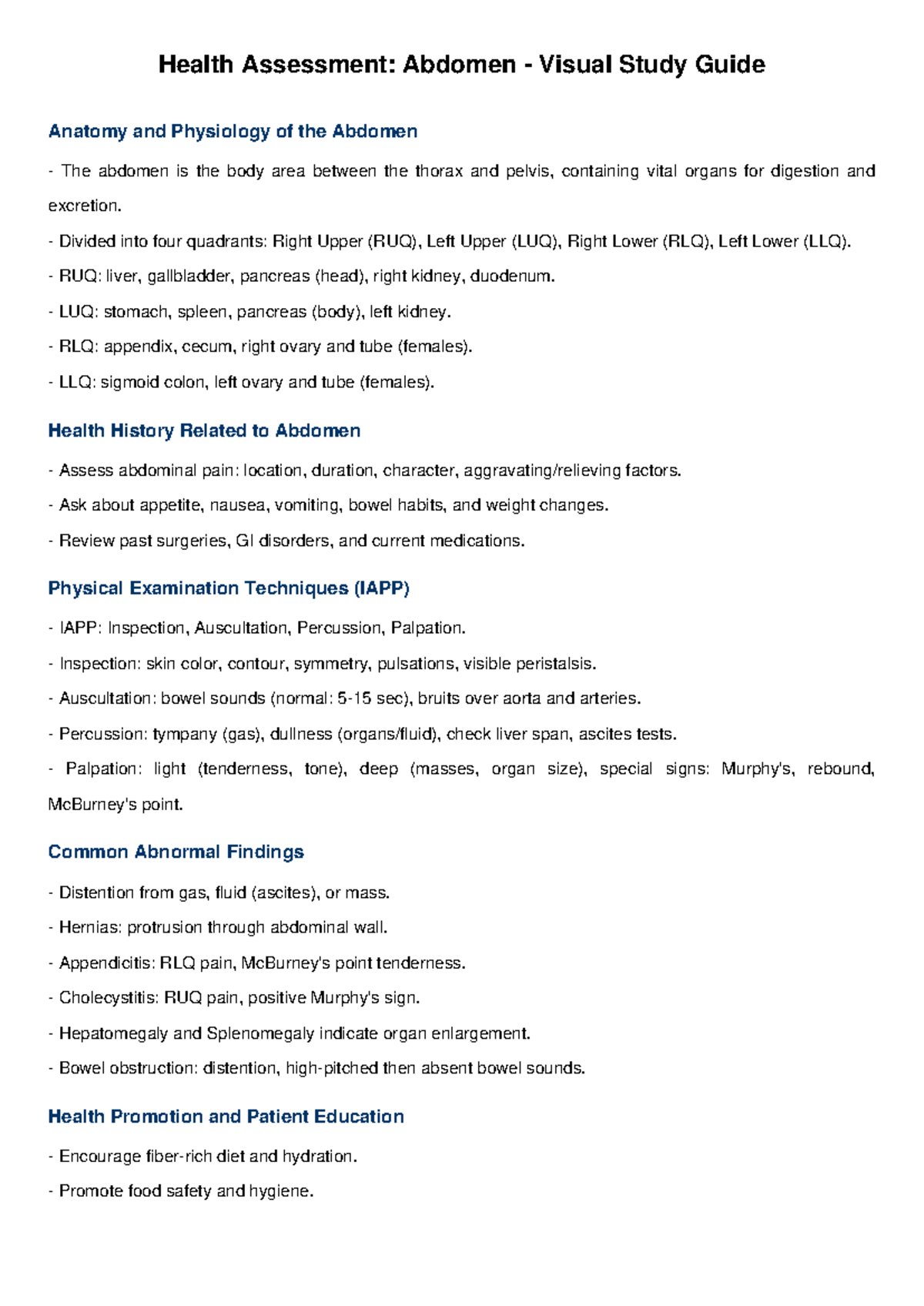 Health Assessment: Abdomen Study Guide (Anatomy & Physiology) - Studocu