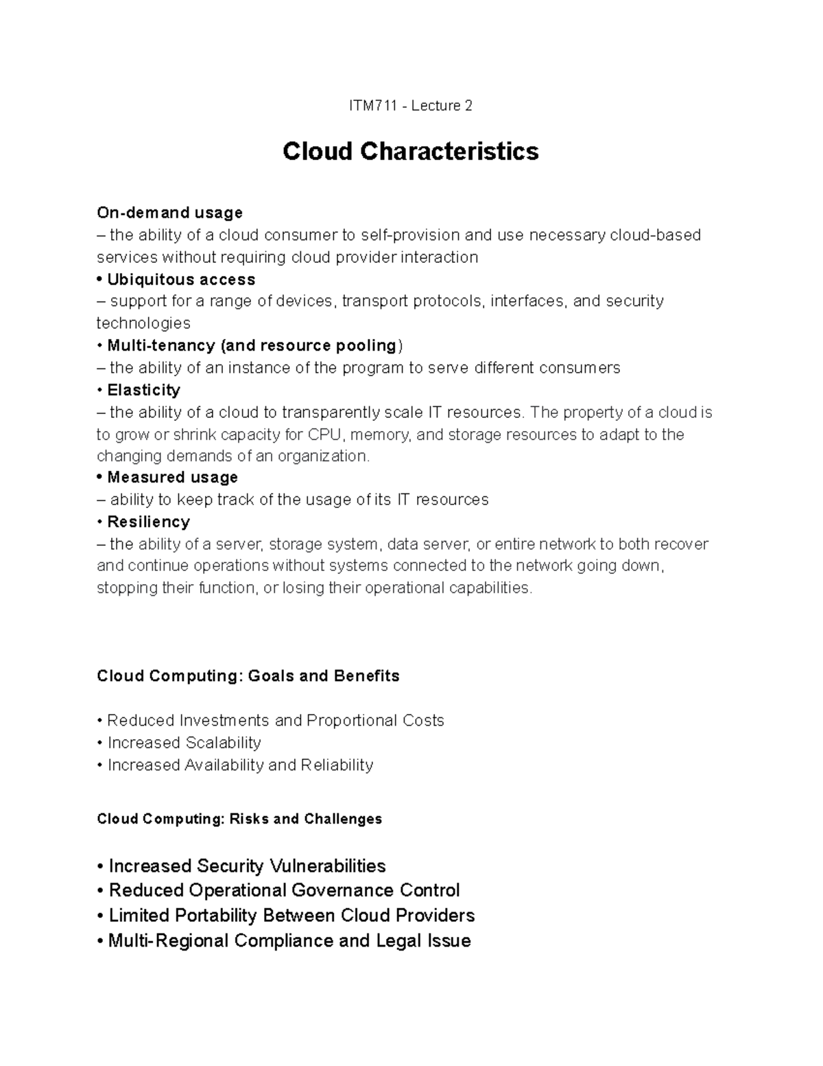 ITM711 - Lecture 2 Notes on Cloud Characteristics & Management - Studocu