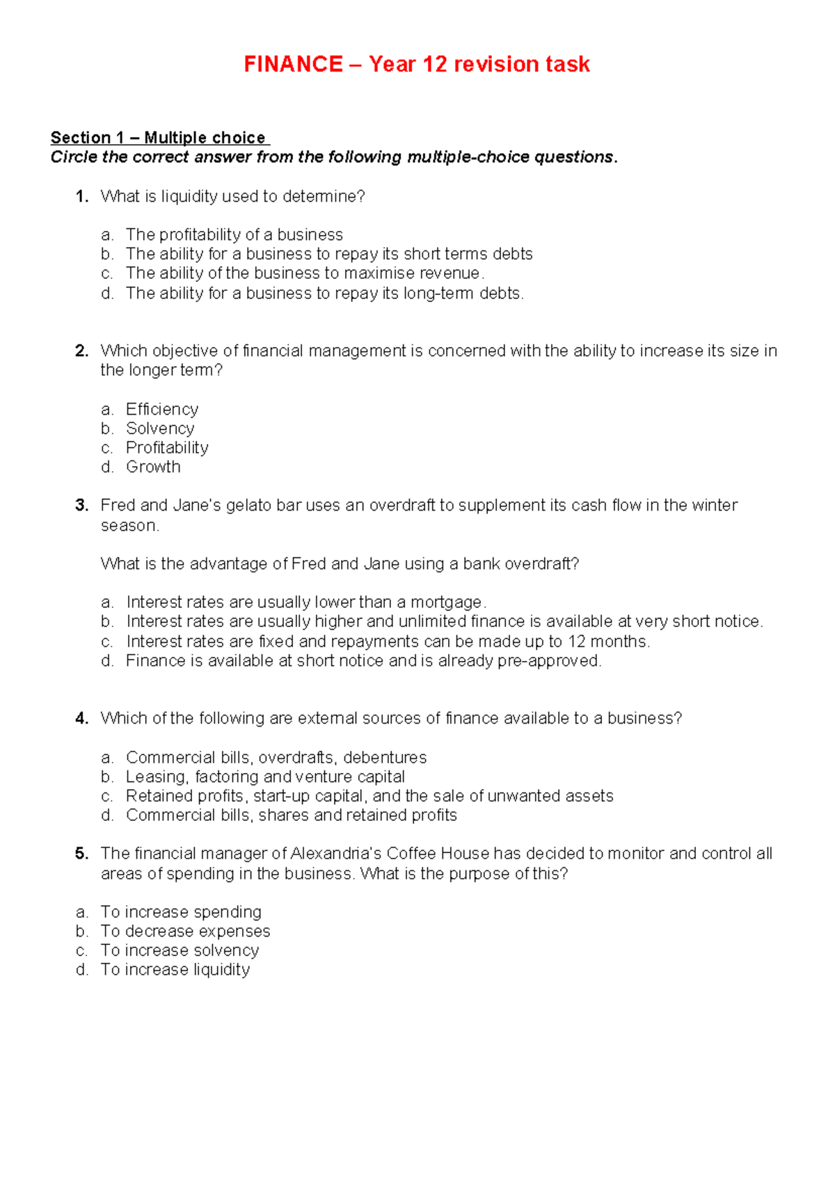 FINANCE Year 12 Revision: Multiple Choice & Short Answer Guide - Studocu