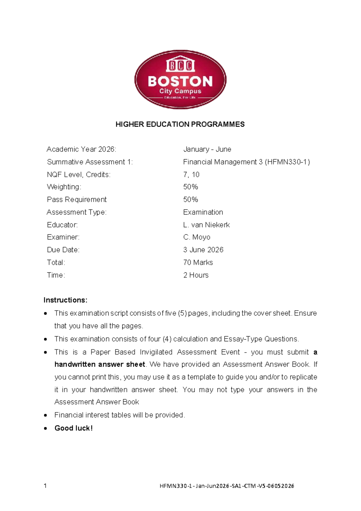 HFMN330-1: Jan-Jun 2026 Summative Exam - Financial Management - Studocu