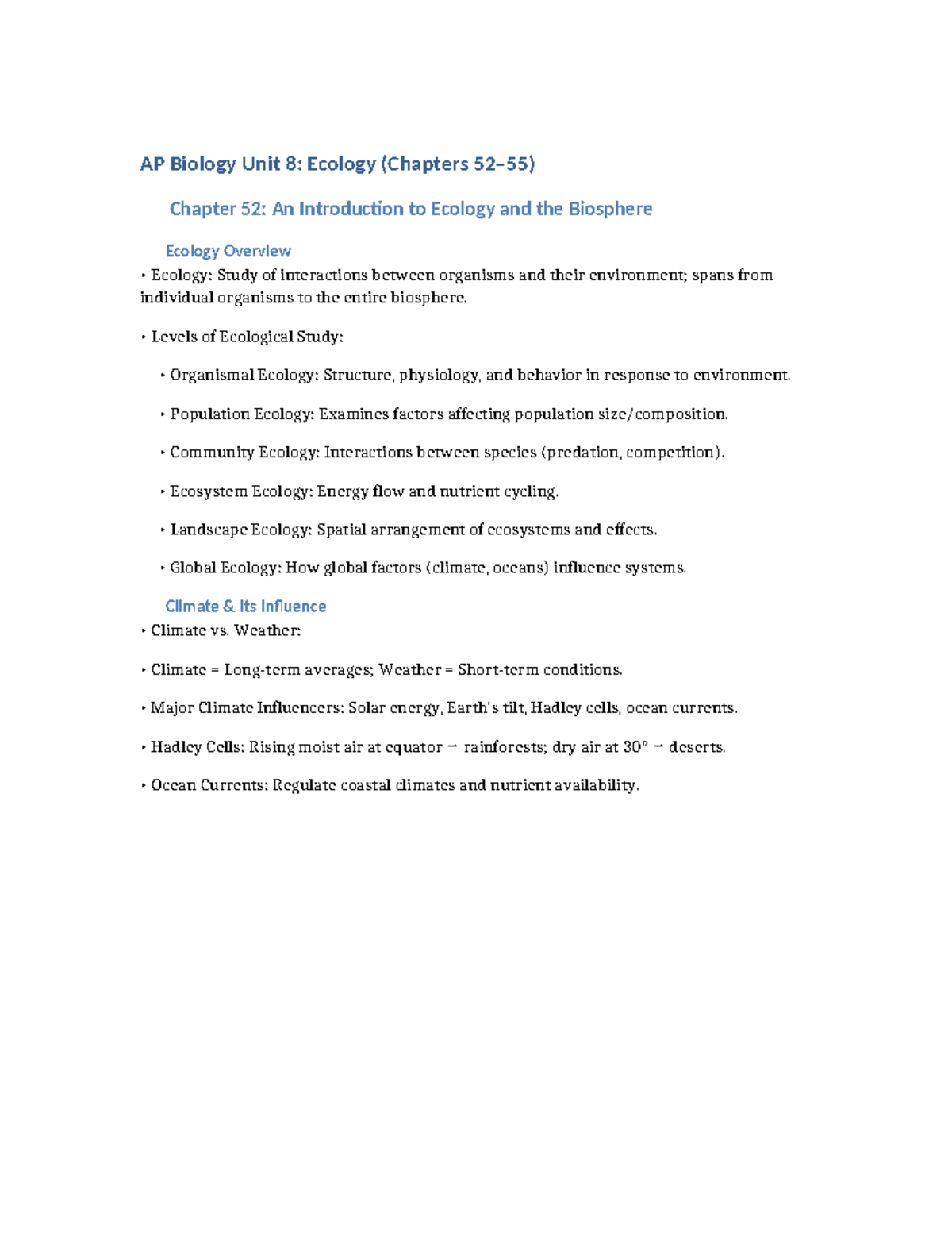 AP Biology Unit 8 Ecology Notes - AP Biology Unit 8: Ecology (Chapters ...