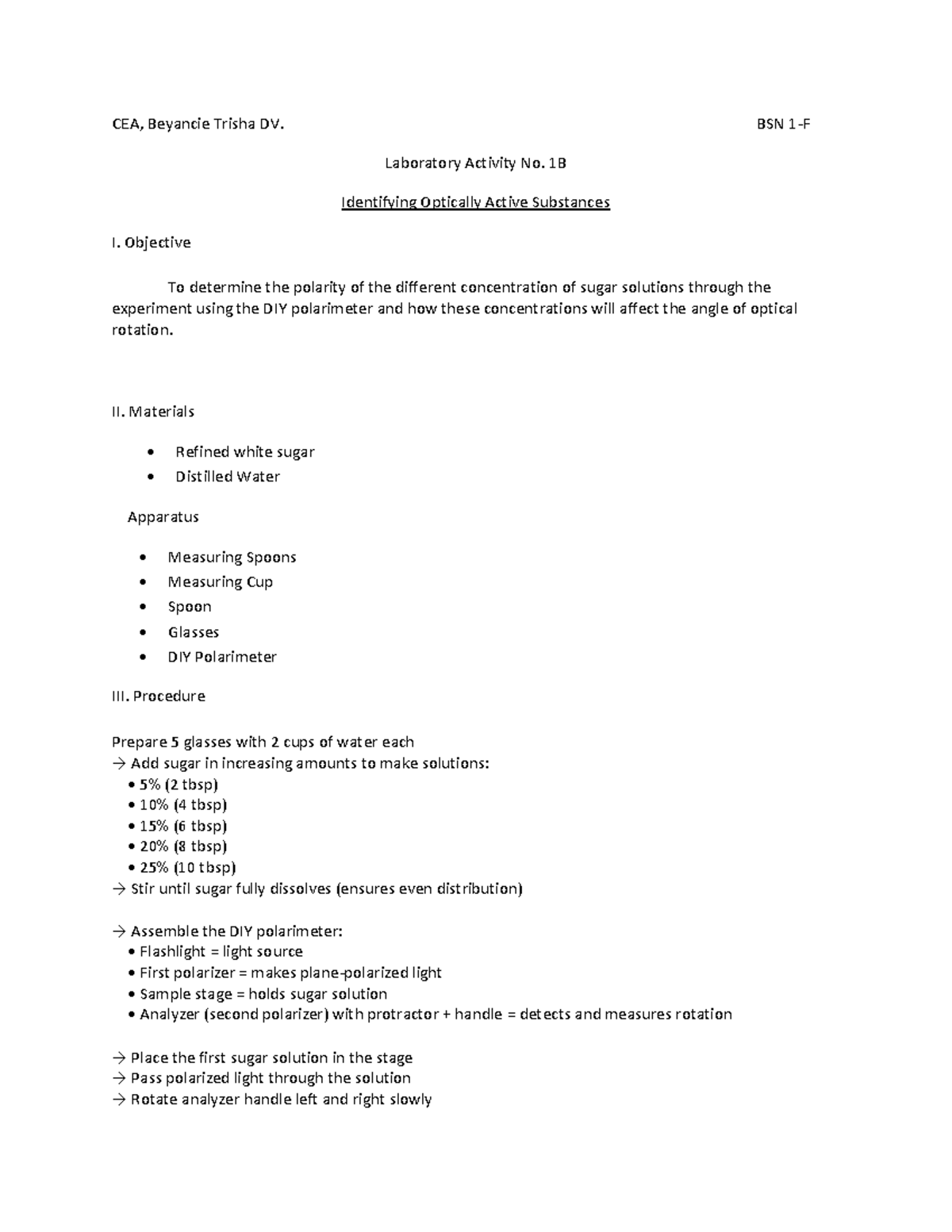 PRE LAB Report 1B - Identifying Optically Active Substances in Sugar ...