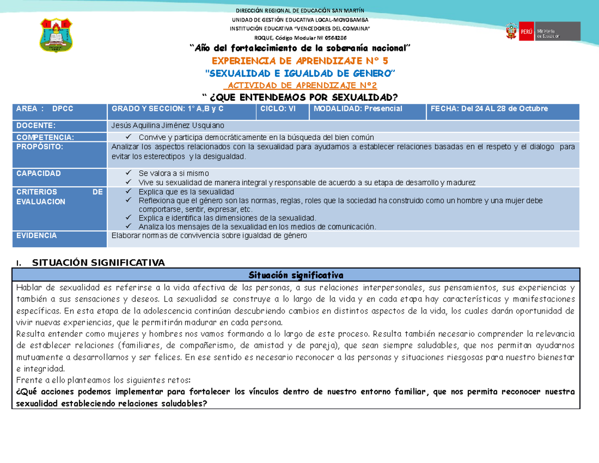 Actividad DE Aprendizaje N° 1 - EXP. Aprend. N° 5 - DPCC 1° A, B y C - “Año del fortalecimiento ...