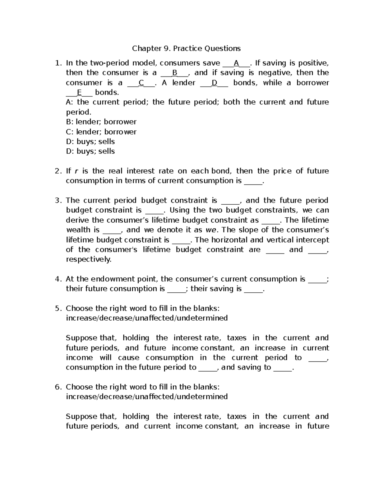 Chapter 9. Practice Questions on Consumer Saving and Budget Constraints - Studocu