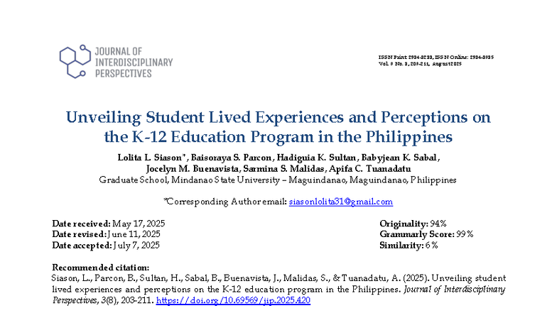Exploring Lived Experiences of SHS Students in the K-12 Program (EDUC ...
