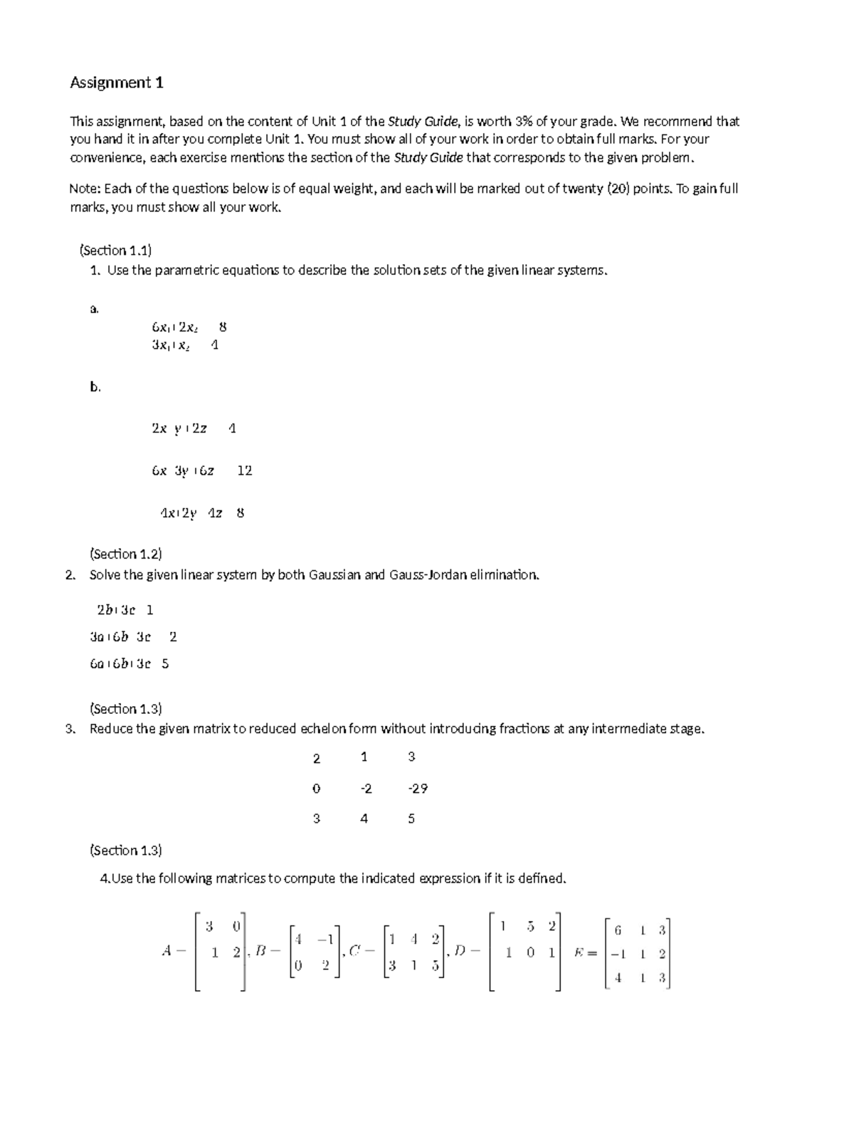 Assignment 1 - Linear Systems & Matrix Operations - Course Code: MATH101 - Studocu