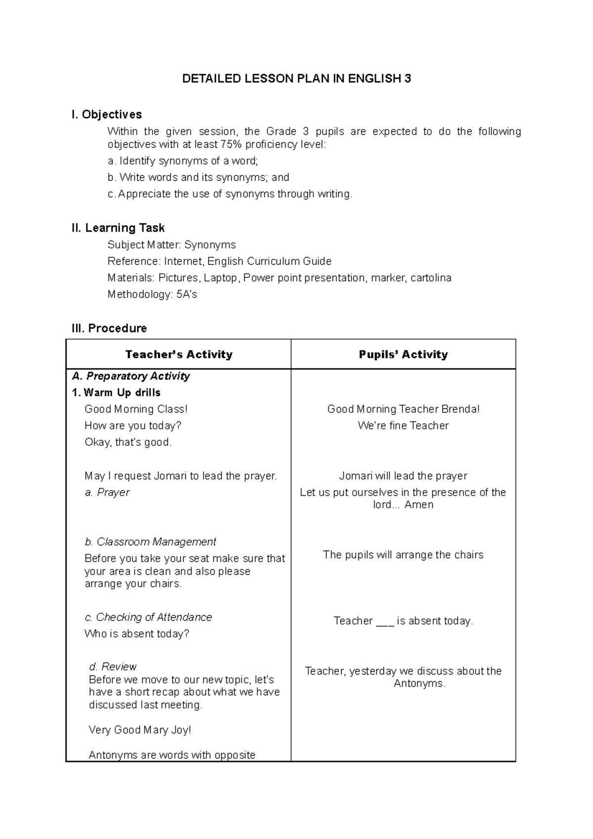 Detailed Lesson Plan: Synonyms for English 3 Class Activities - Studocu