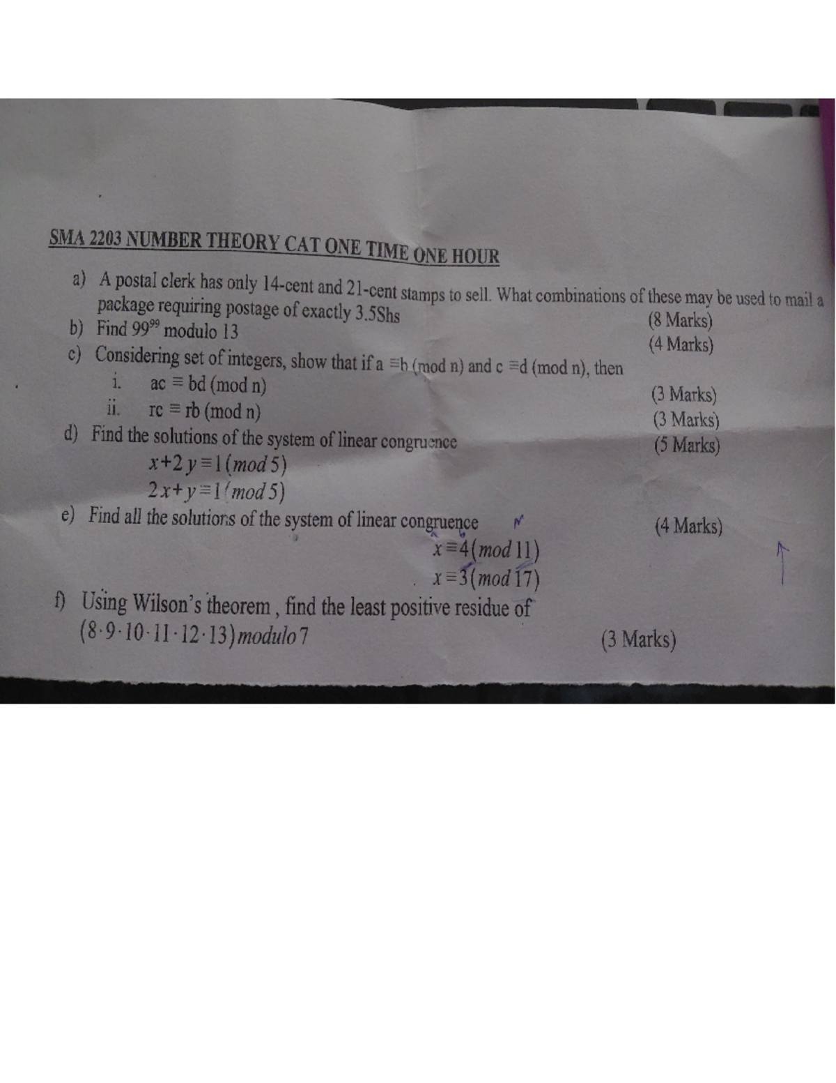 SMA 2203 NUMBER THEORY CAT TWO EXAMINATION NOTES - Studocu