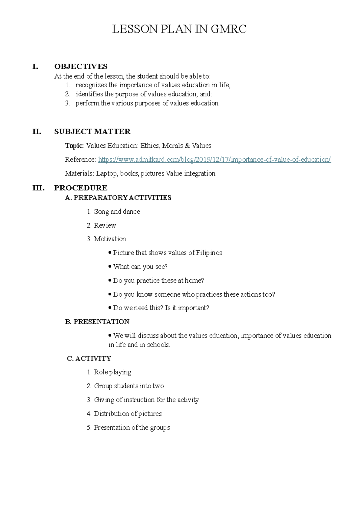 GMRC Lesson Plan: Values Education Objectives & Activities - Studocu
