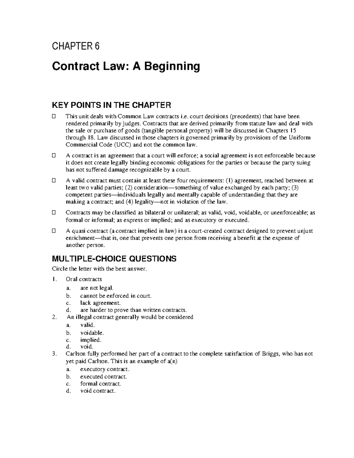Ch06 Contract Law A Beginning - CHAPTER 6 Contract Law: A Beginning KEY ...