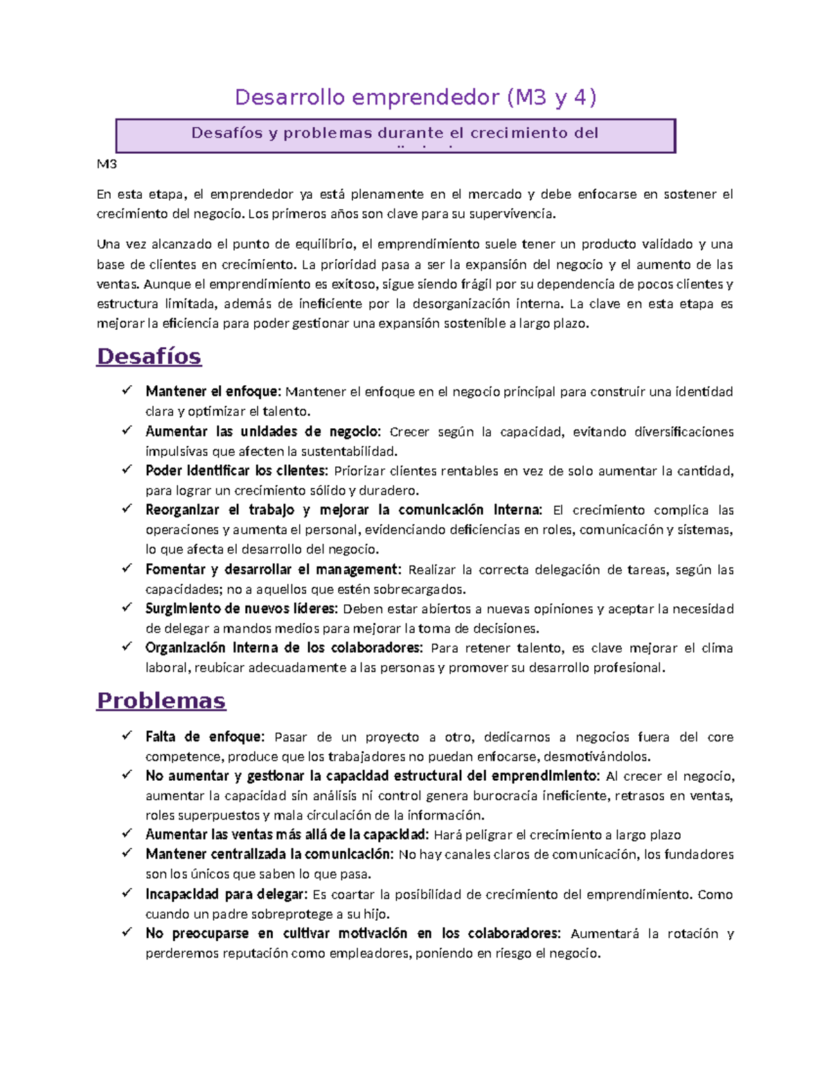 Desarrollo Emprendedor: Resumen M3 y M4 - Desafíos y Estrategias - Studocu