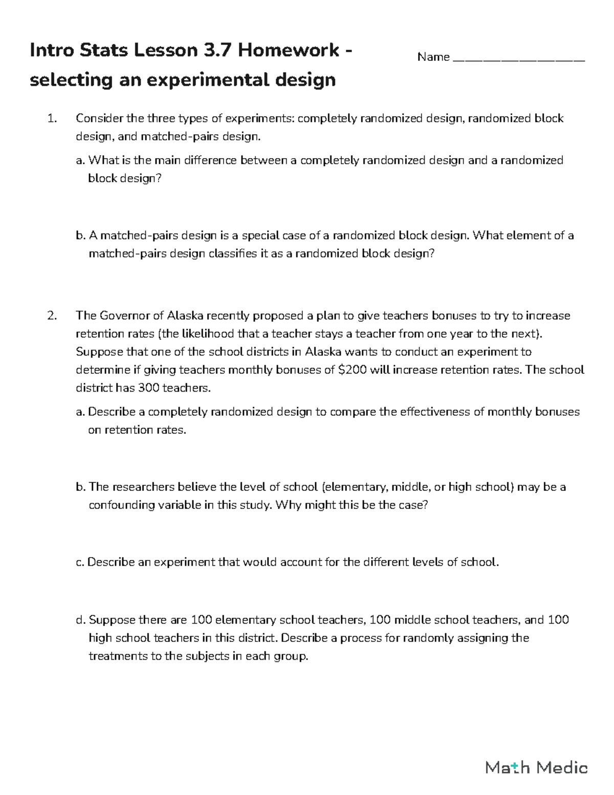 Intro Stats HW 3.7: Experimental Design & Analysis - Studocu