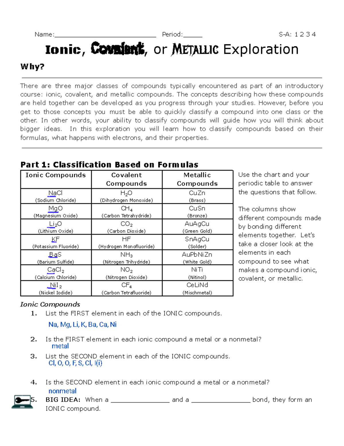 Ionic, Covalent, and Metallic Compounds Exploration: A Study Guide ...