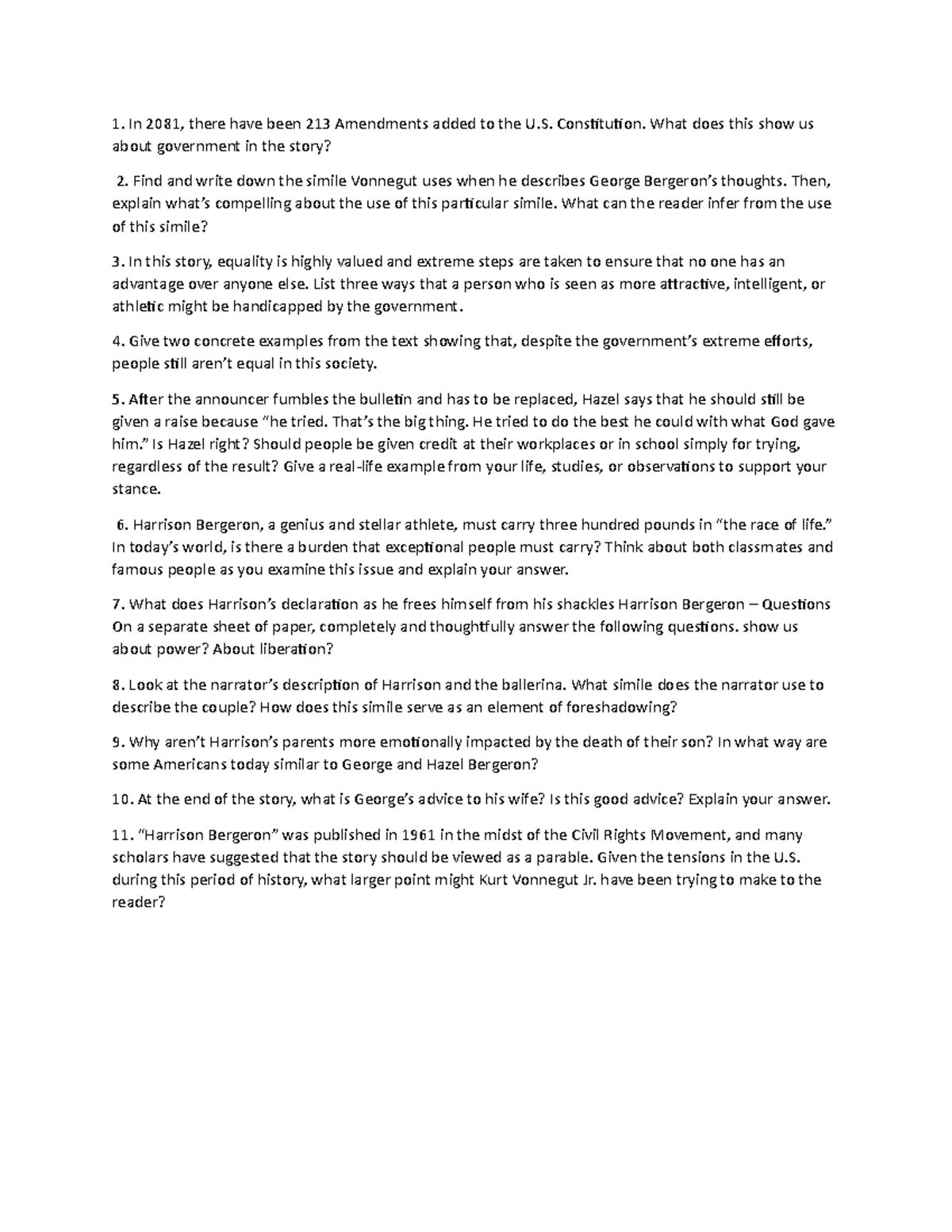 Harrison Bergeron Questions & Analysis: A Study Guide - Studocu