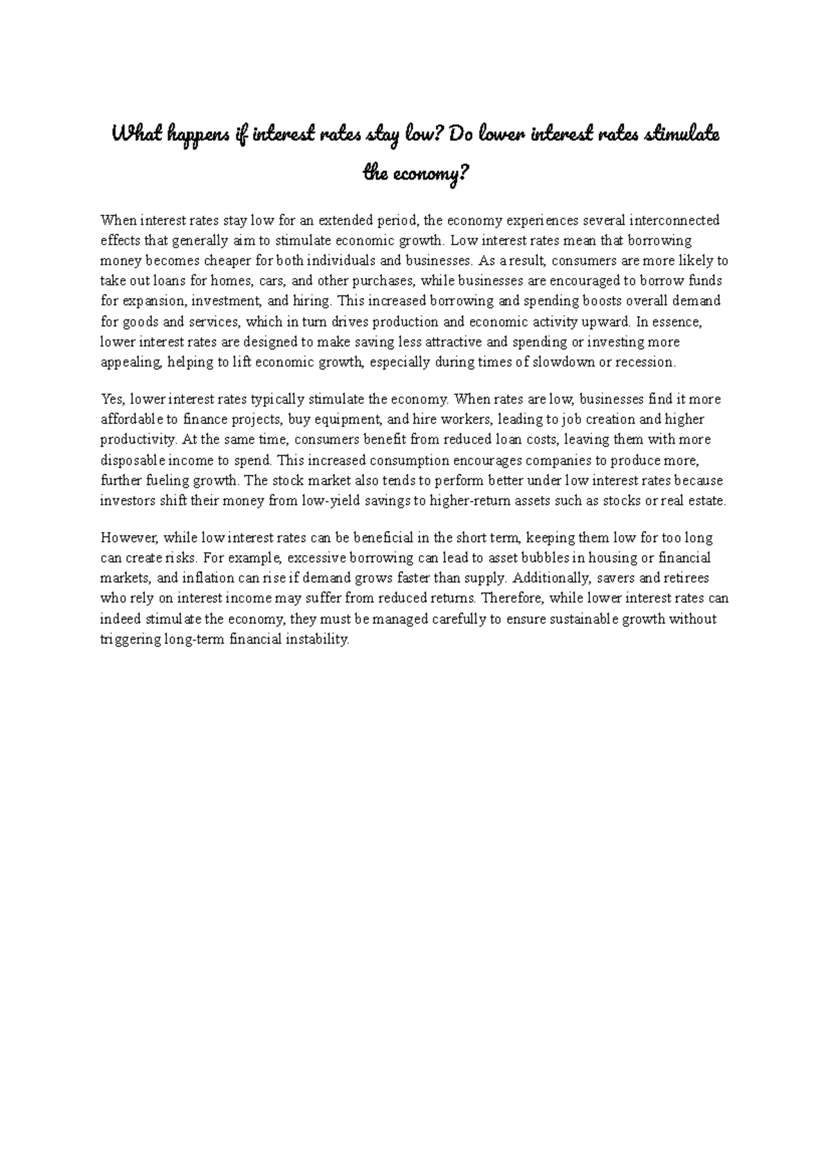 IBT Assignment 1 - Effects of Prolonged Low Interest Rates on Economy ...