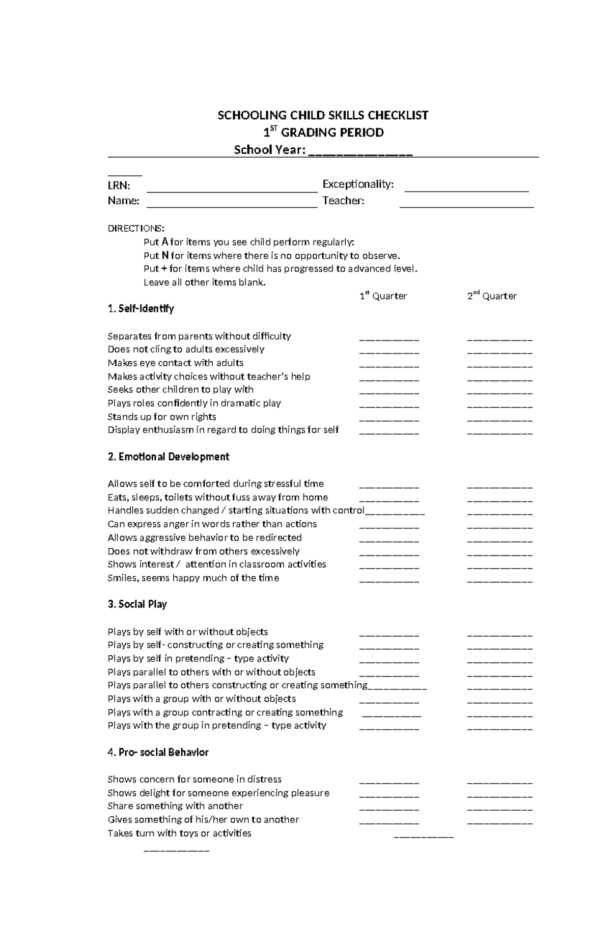 Child Skills Checklist - SCHOOLING CHILD SKILLS CHECKLIST 1 ST GRADING ...