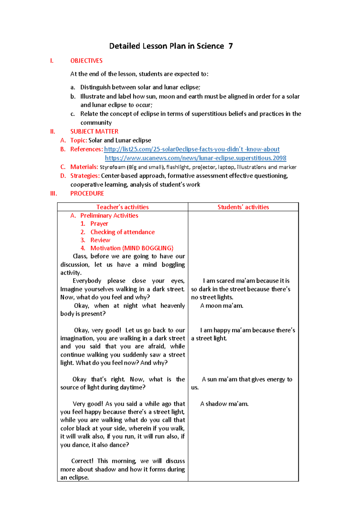 DLP: Lesson Plan on Solar and Lunar Eclipses for Science 7 - Studocu