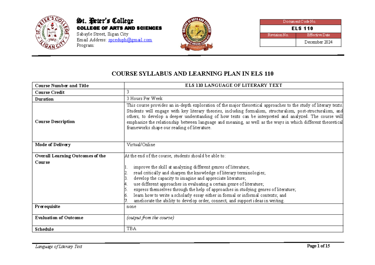 ELS 110 Course Syllabus: Language of Literary Texts (Dec 2024) - Studocu
