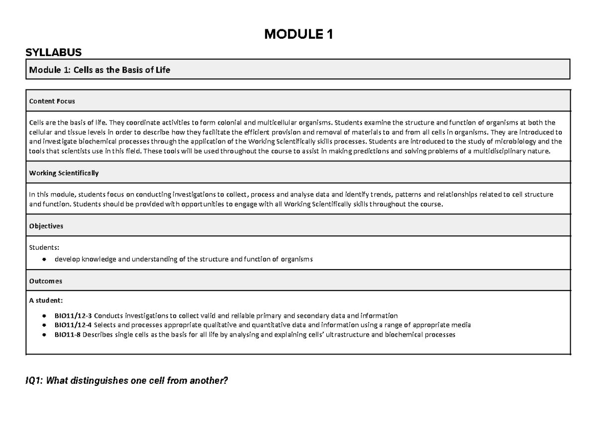 Bio Study Notes: Module 1 - Cells as the Basis of Life (Year 11) - Studocu