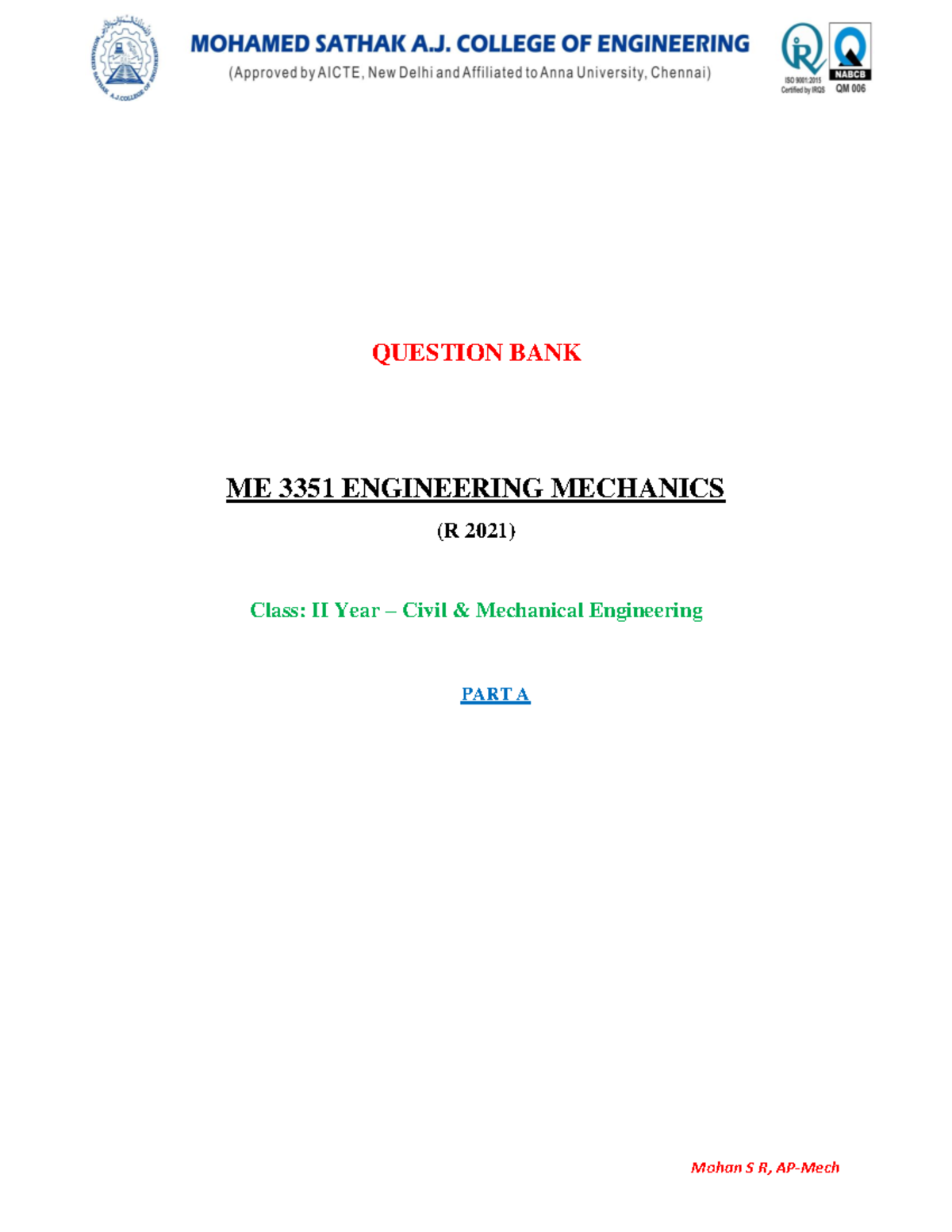 ME3351-QB - Engineering Mechanics II Year Question Bank - Studocu