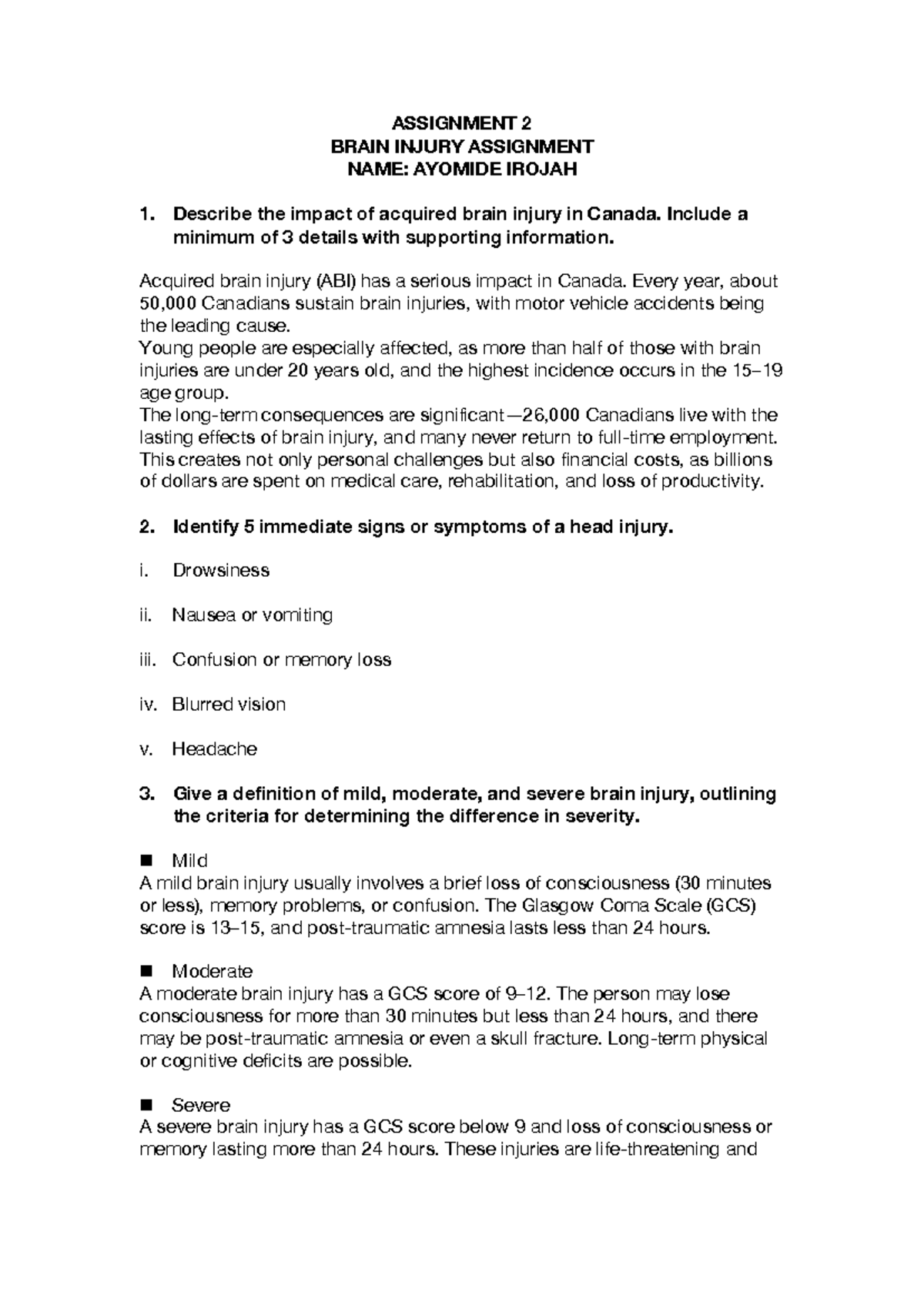 Brain Injury Assignment 2: Impact, Symptoms, and Support Strategies ...
