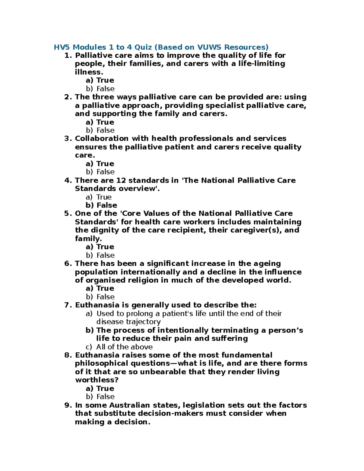 HV5 Palliative Care Modules 1-4 Quiz with Bold Answers - Studocu
