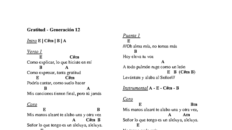 Gratitud - Generación 12: Letra y Acordes de la Canción - Studocu