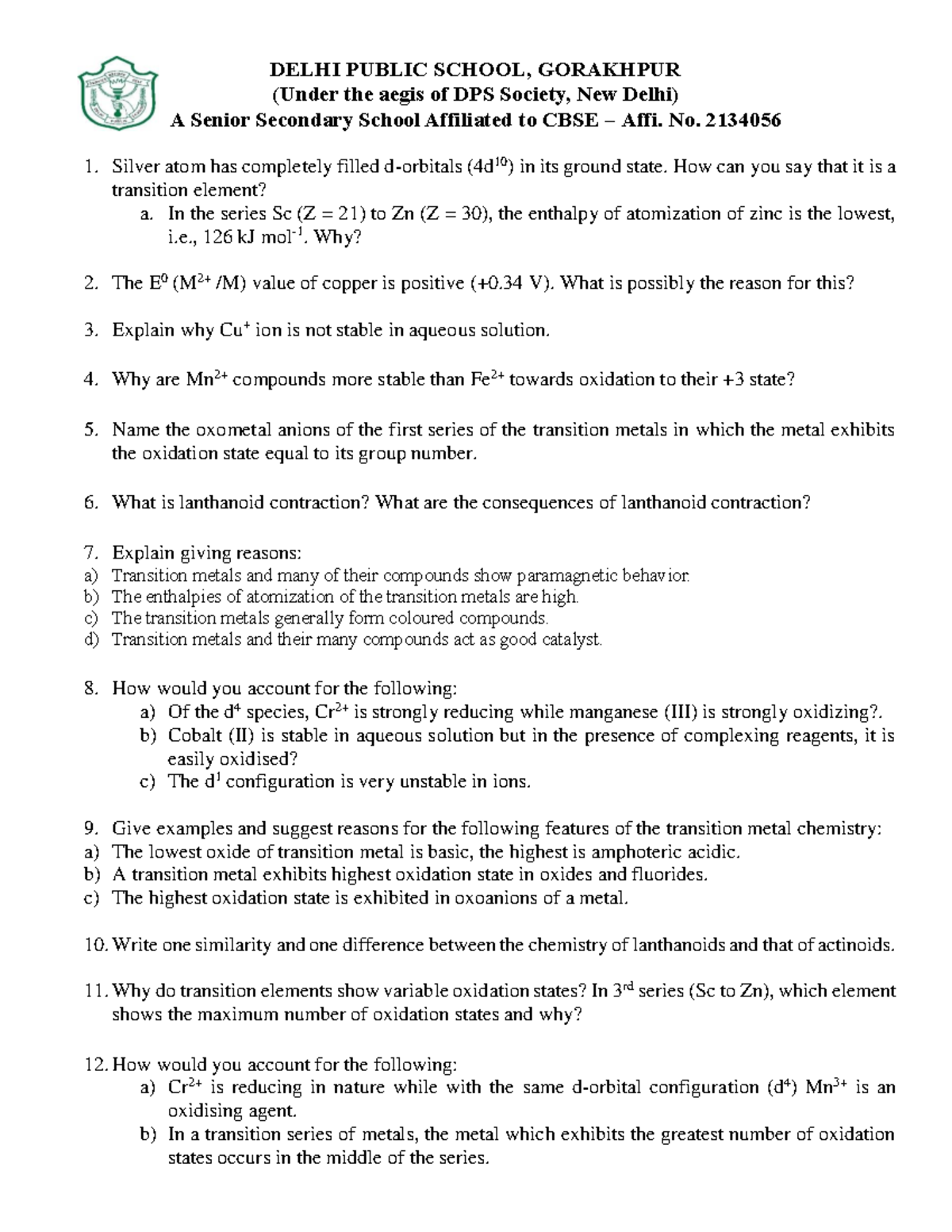 D & F Block Chemistry - Class Notes for CBSE Class 12 - Studocu