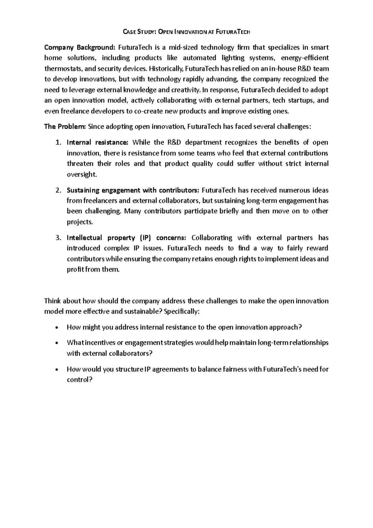 CASE STUDY A5: Open Innovation Challenges at FuturaTech - Studocu