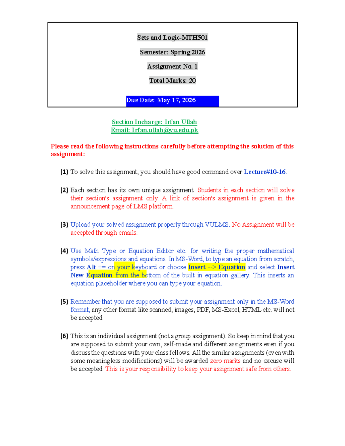MTH501 - Spring 2026 Assignment 1: Sets Instructions & Guidelines - Studocu