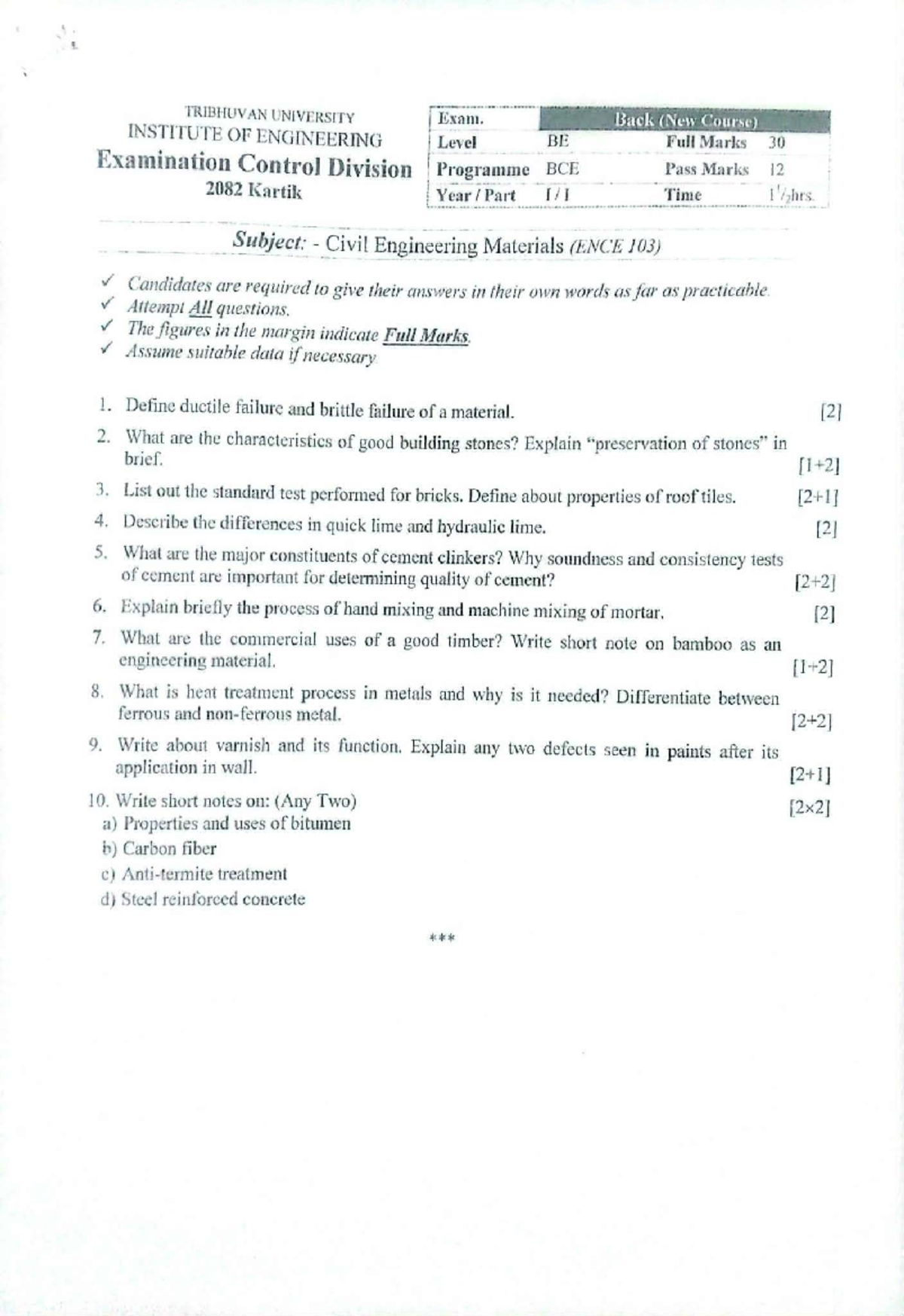 Civil Engineering Materials Exam Notes (ENCF 103) - Studocu
