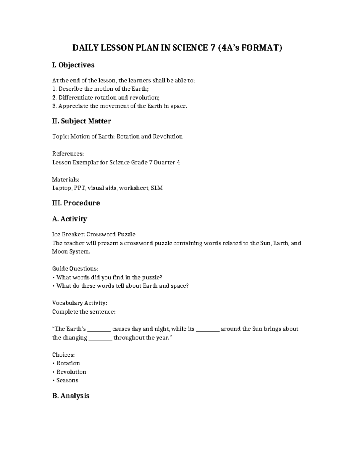 Science 7 Daily Lesson Plan: Motion of Earth (Rotation & Revolution ...