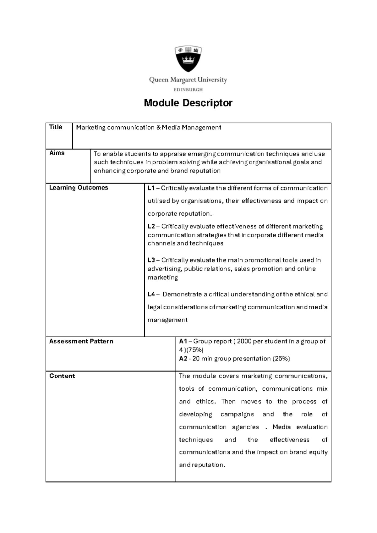 Marketing Communucation Media Management - Module Descriptor Title ...