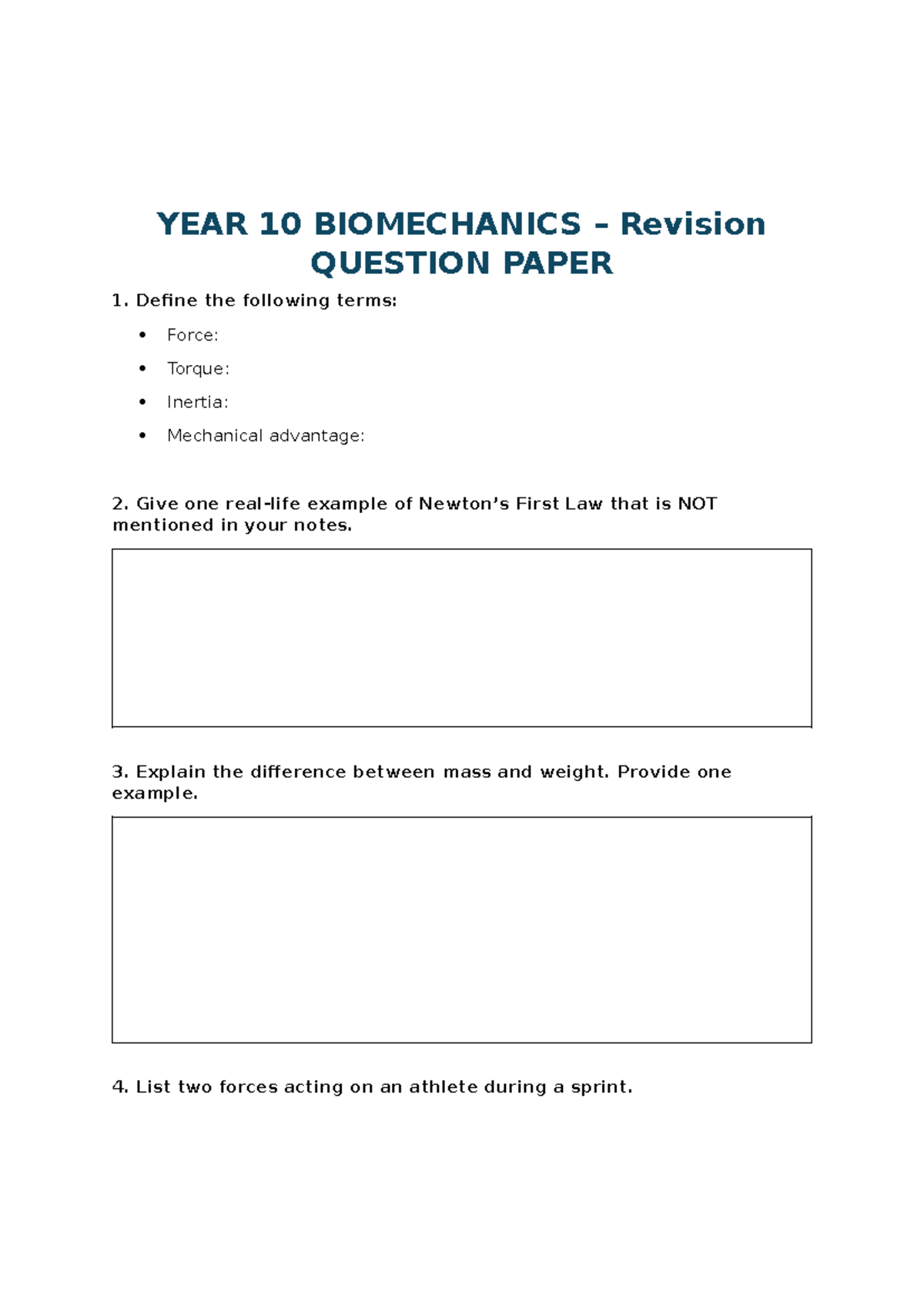 YEAR 10 BIOMECHANICS Revision Practice Questions & Problems - Studocu