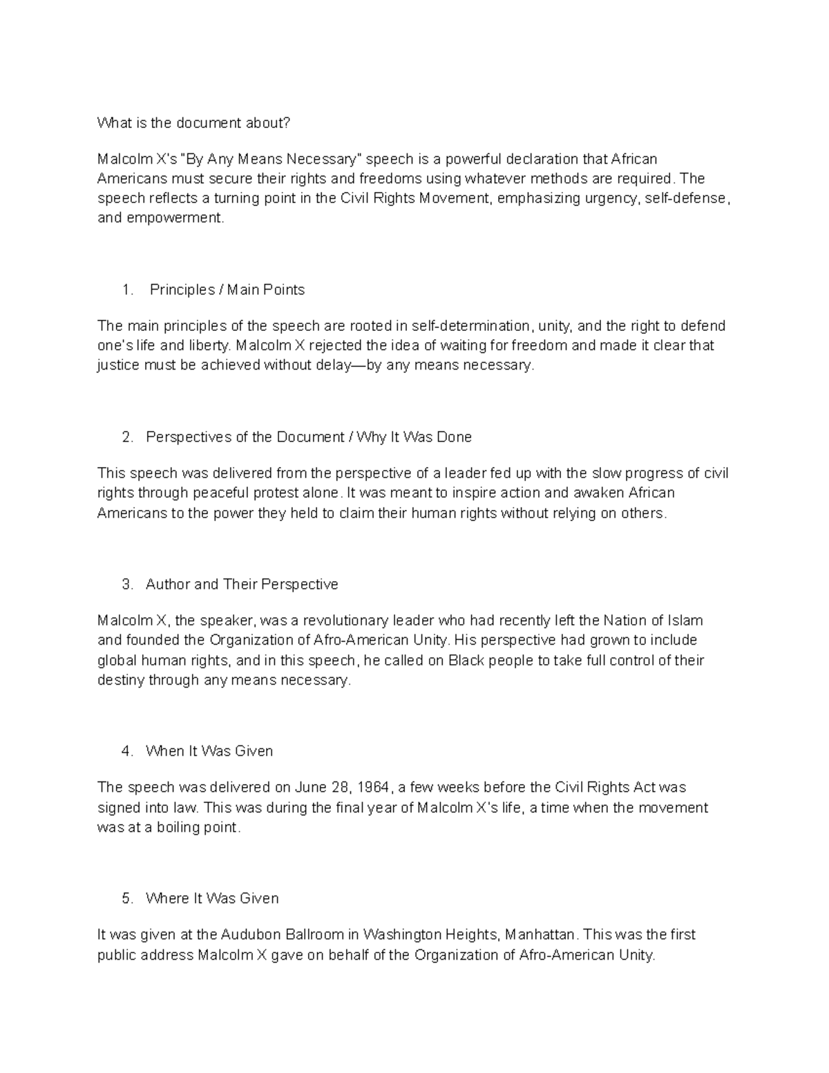 Final Exam Notes: Malcolm X's "Any Means Necessary" Speech Analysis ...