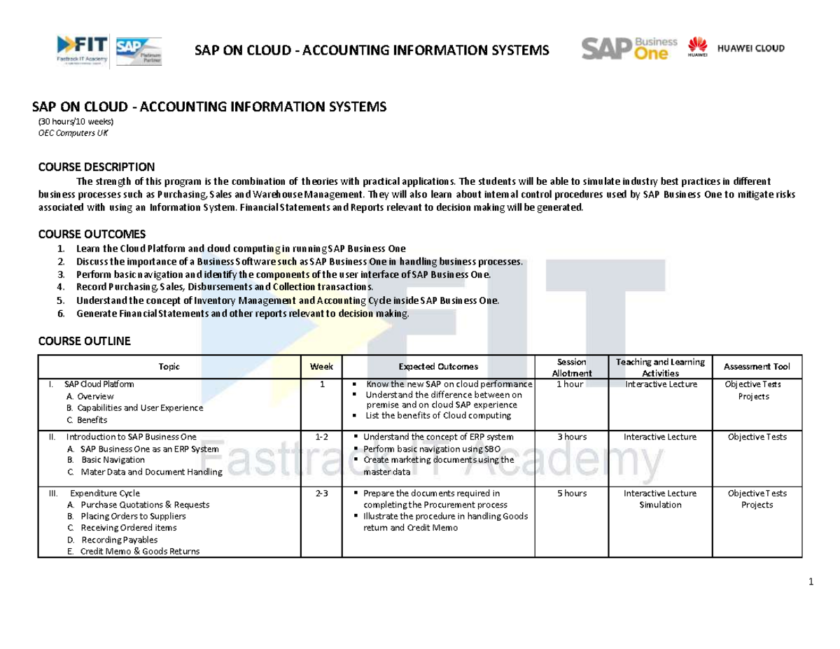 SAP on Cloud AIS Outline - 1 SAP ON CLOUD - ACCOUNTING INFORMATION ...