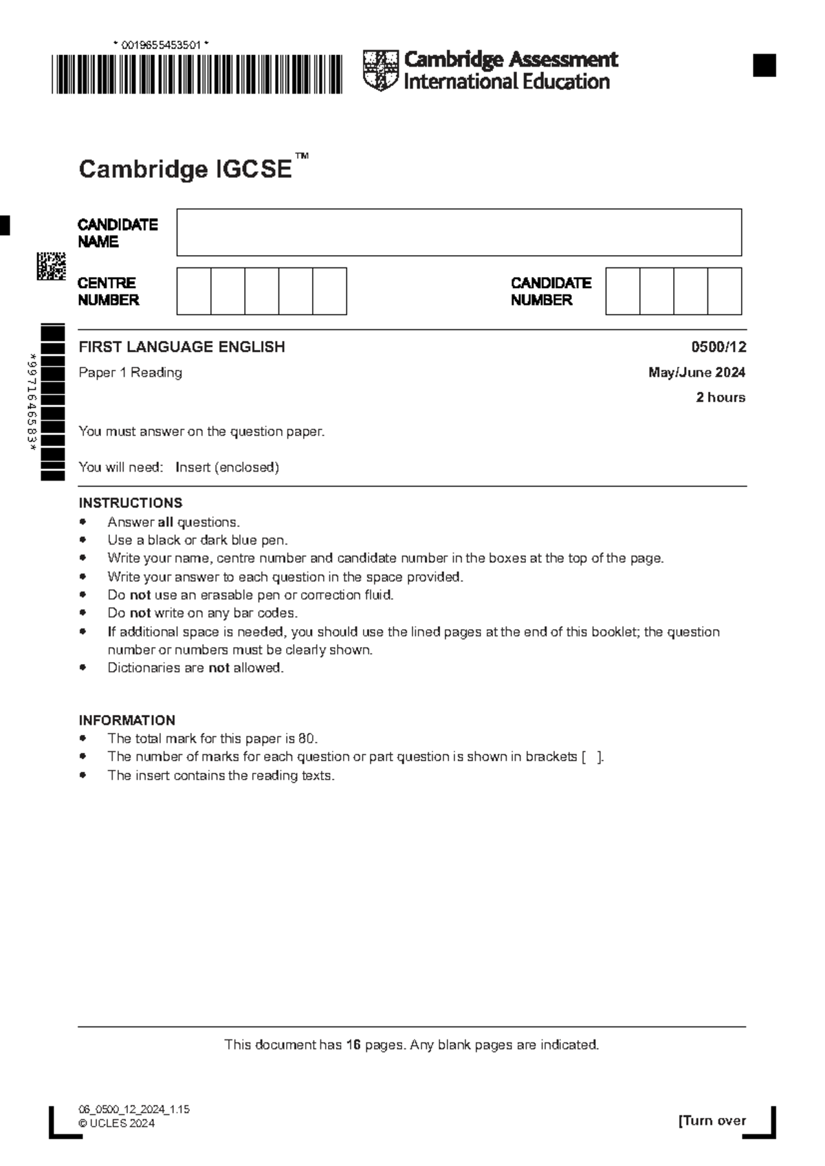 ENG 5 QP - Cambridge IGCSE First Language English Paper 1 Reading 2024 ...