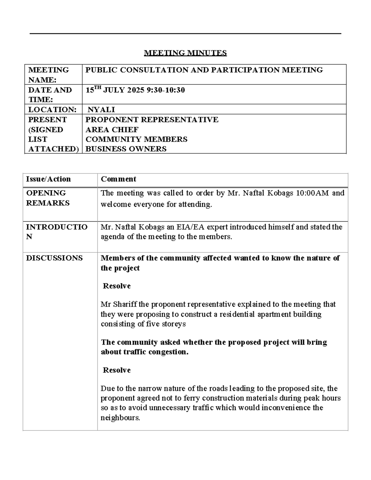 Consultation Meeting Minutes - Nyali Project 15th July 2025 - Studocu