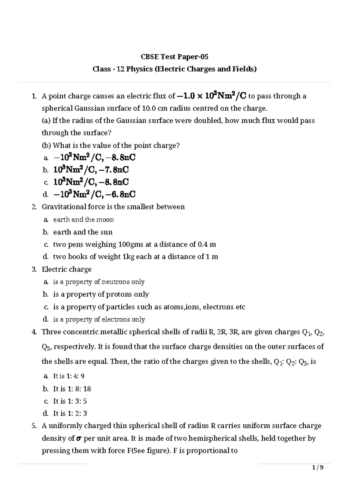 CBSE Class 12 Physics Test: Electric Charges and Fields Paper 05 - Studocu
