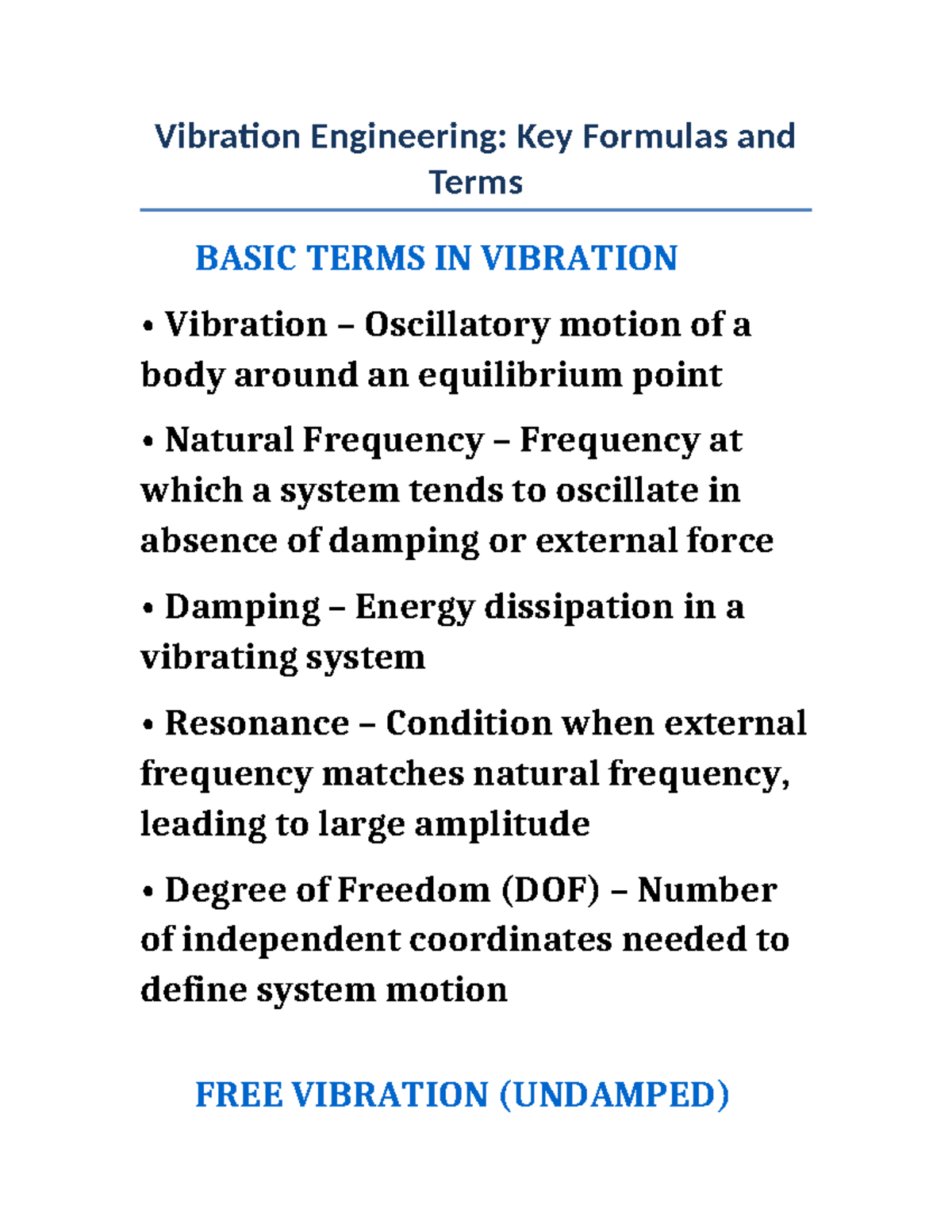 Vibration Engineering: Key Formulas & Terms for Basic Concepts - Studocu