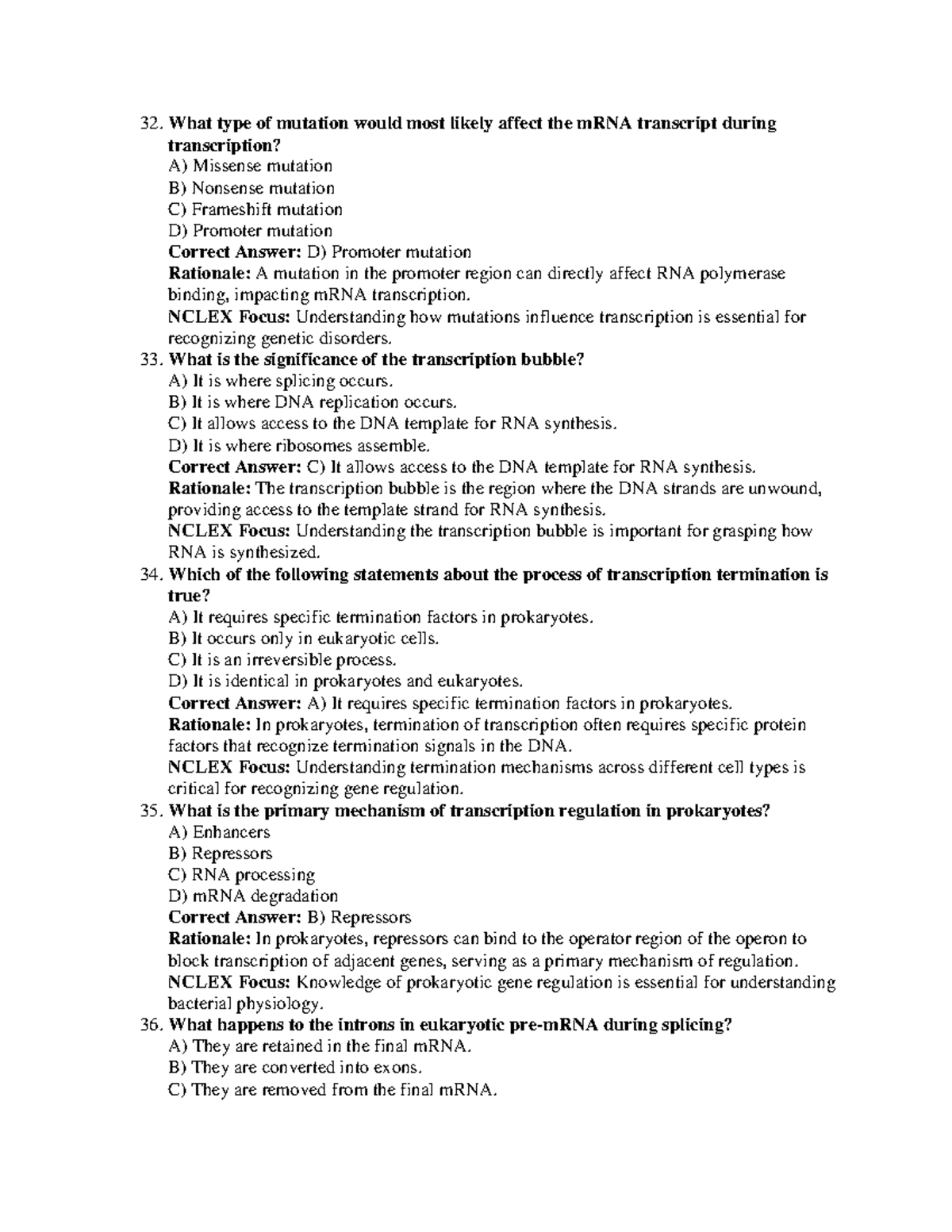 Genetics Test Bank: Transcription & Mutation Concepts (2024) - Studocu