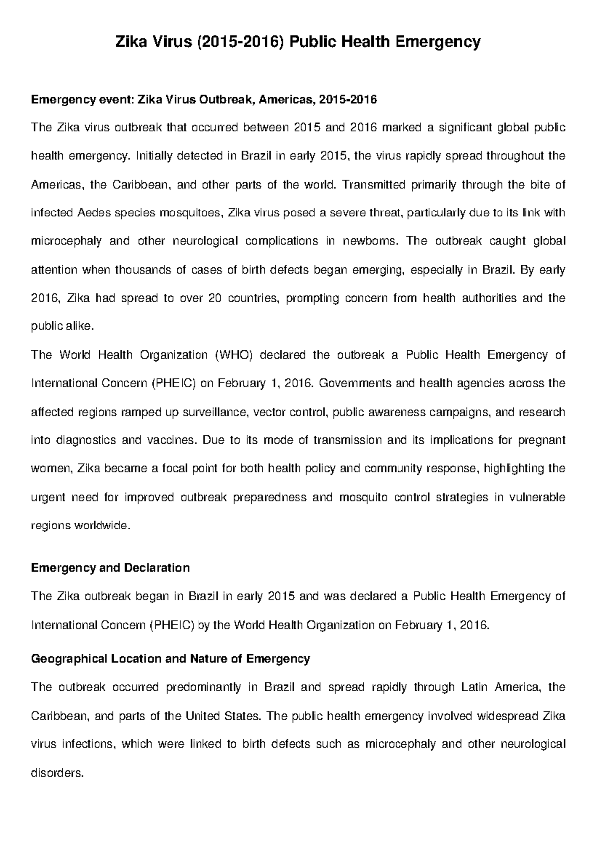 Zika Virus Public Health Emergency: Analysis & Response (2015-2016 ...